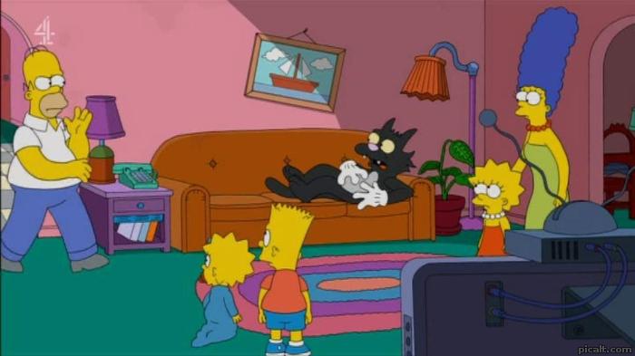 The Simpsons find Itchy about to kill Scratchy on the couch. Homer ...