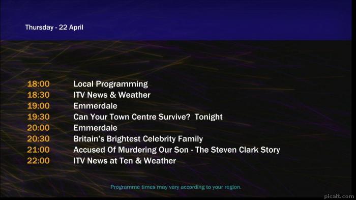 18:00 Local Programming 18:30 ITV News & Weather 19:00 Emmerdale 19:30 ...